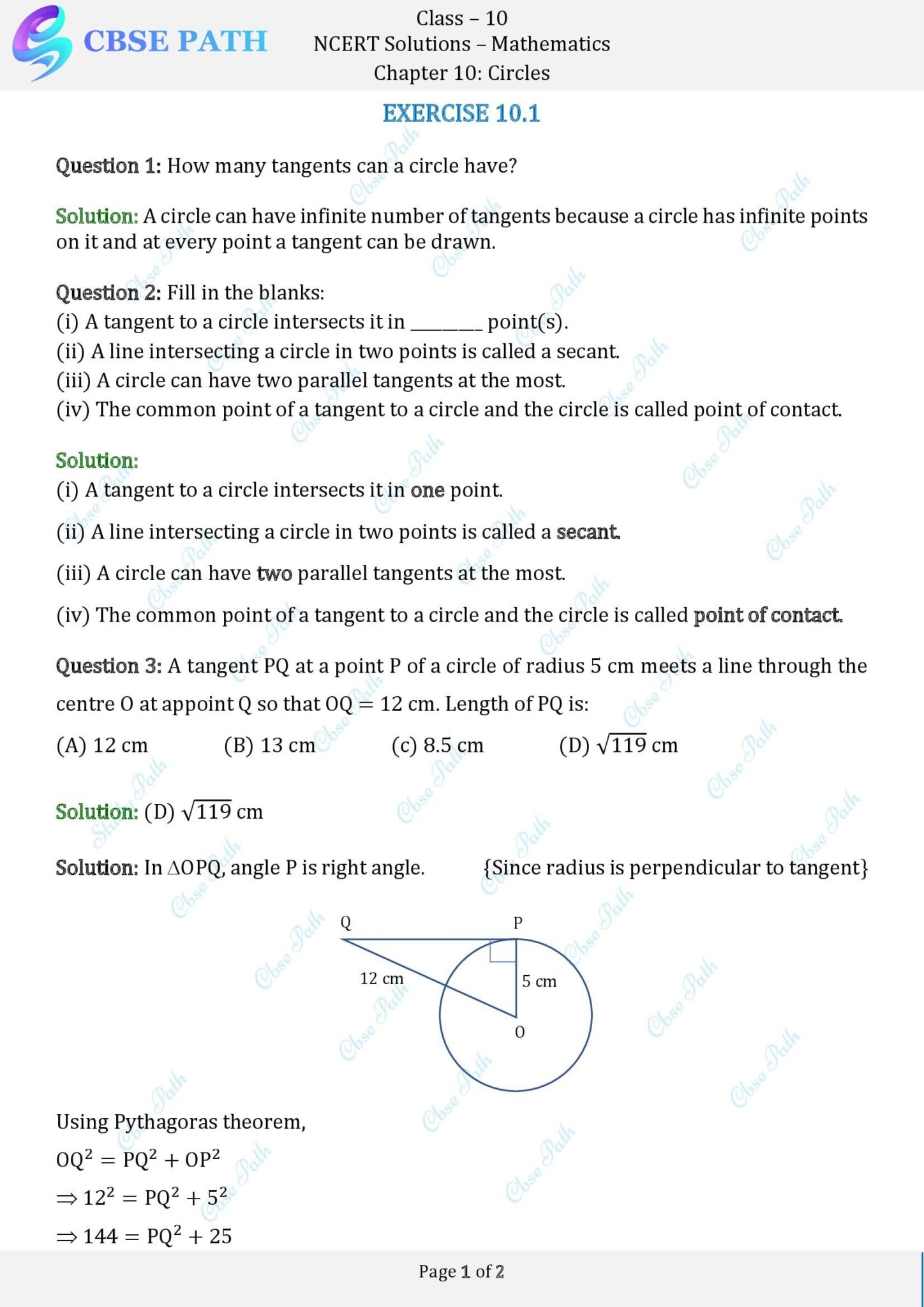 NCERT Solutions for Class 10 Maths Exercise 10.1 Circles (2024-25 ...