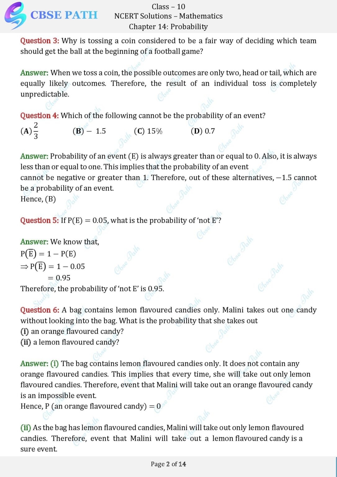 NCERT Solutions for Class 10 Maths Chapter 14 Probability (2024-25 ...