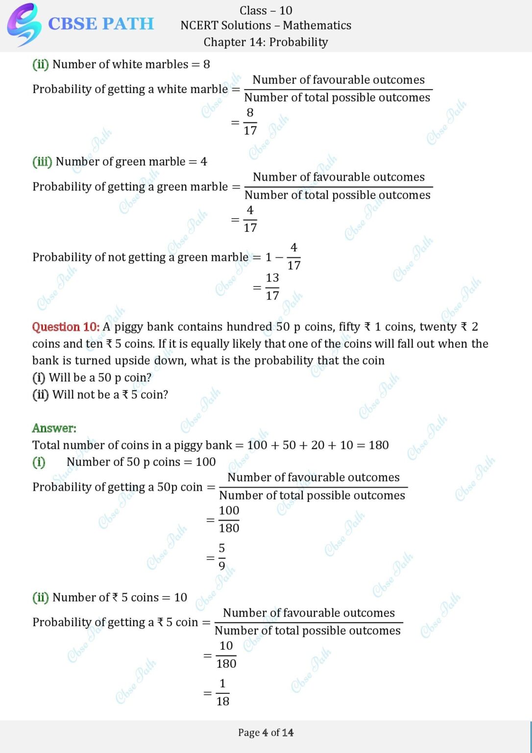 NCERT Solutions for Class 10 Maths Chapter 14 Probability (2024-25 ...