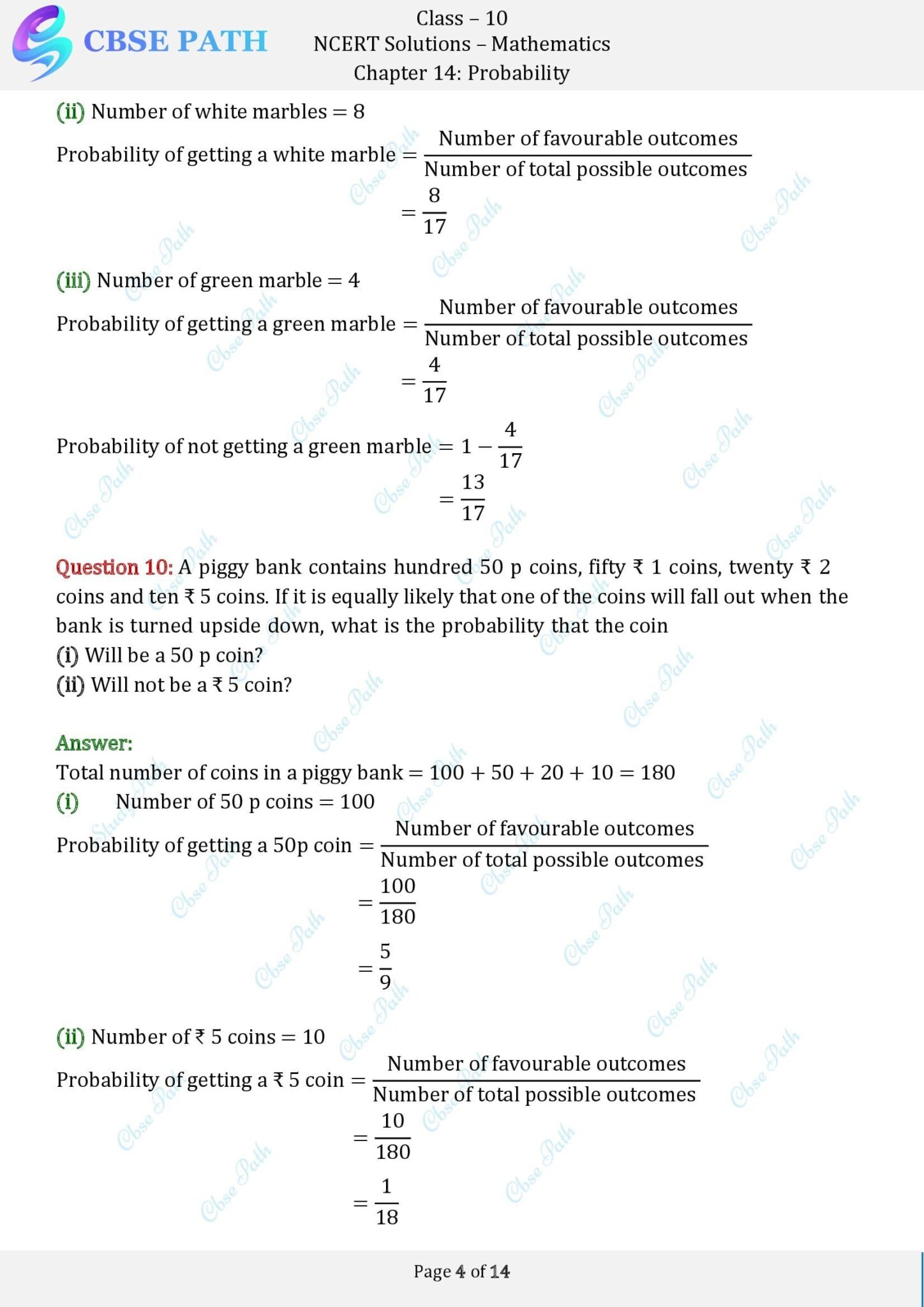 NCERT Solutions for Class 10 Maths Chapter 14 Probability (2024-25 ...