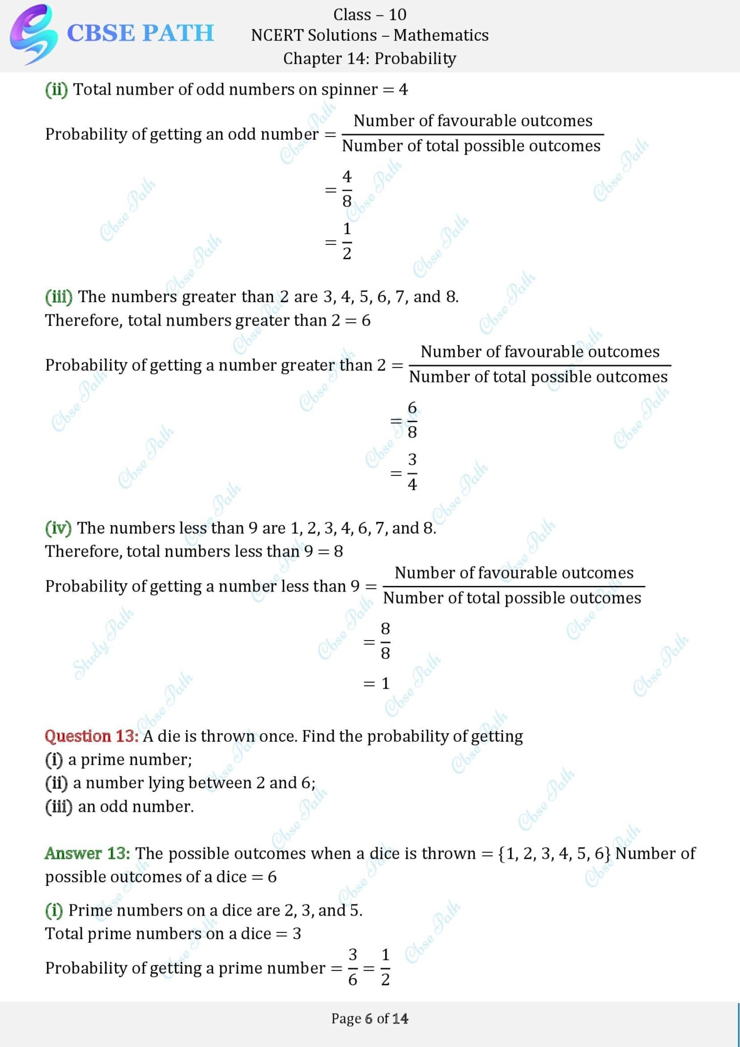 NCERT Solutions for Class 10 Maths Chapter 14 Probability (2024-25 ...