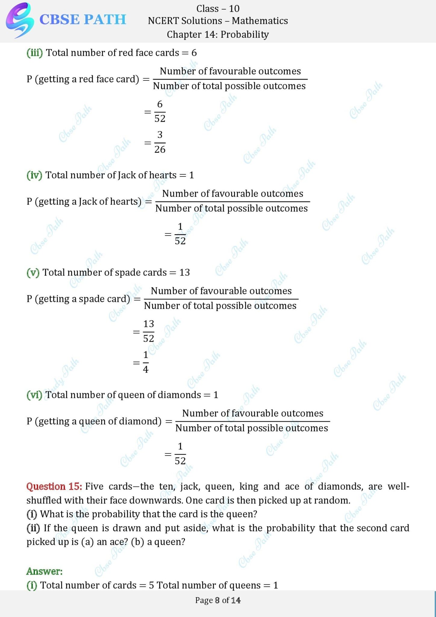 NCERT Solutions for Class 10 Maths Chapter 14 Probability (2024-25 ...