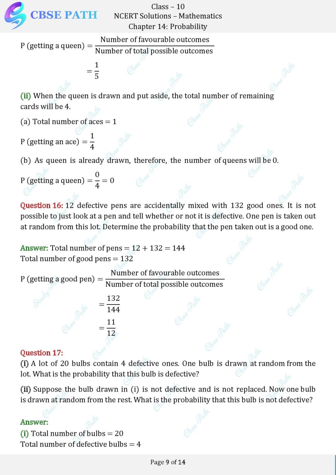 NCERT Solutions for Class 10 Maths Chapter 14 Probability (2024-25 ...