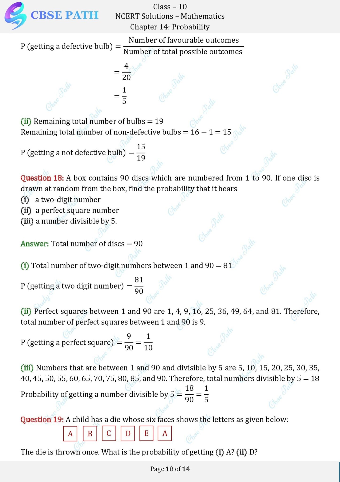NCERT Solutions for Class 10 Maths Chapter 14 Probability (2024-25 ...