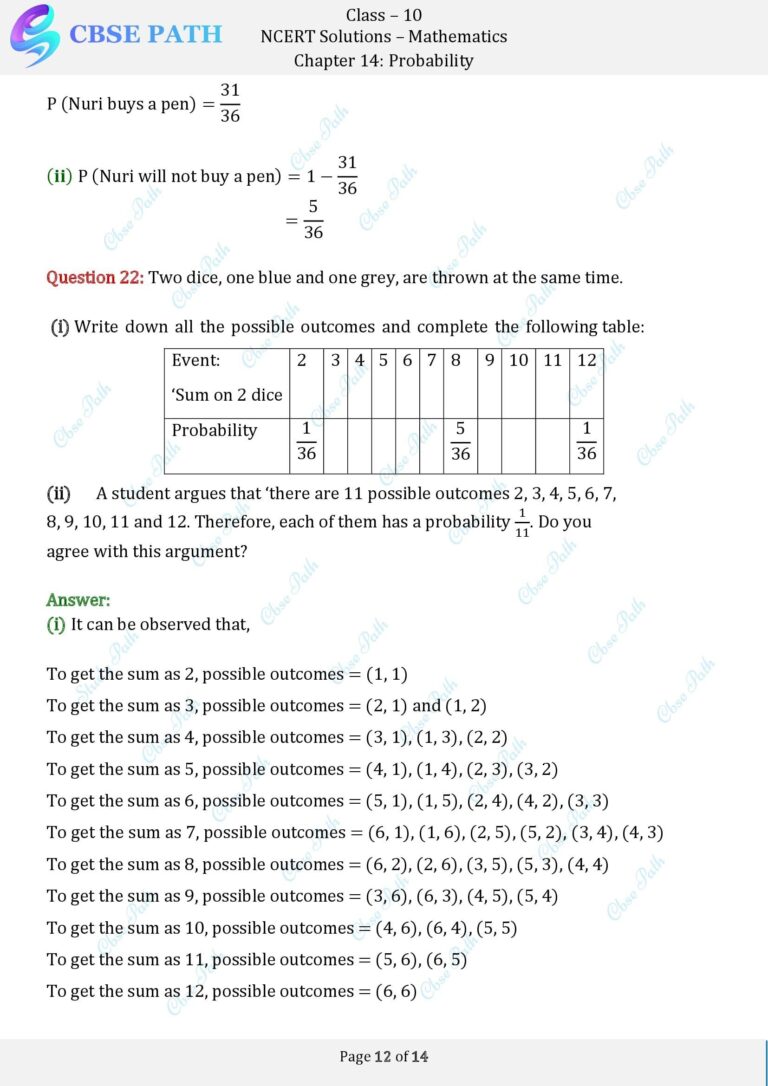 NCERT Solutions for Class 10 Maths Chapter 14 Probability (2024-25 ...