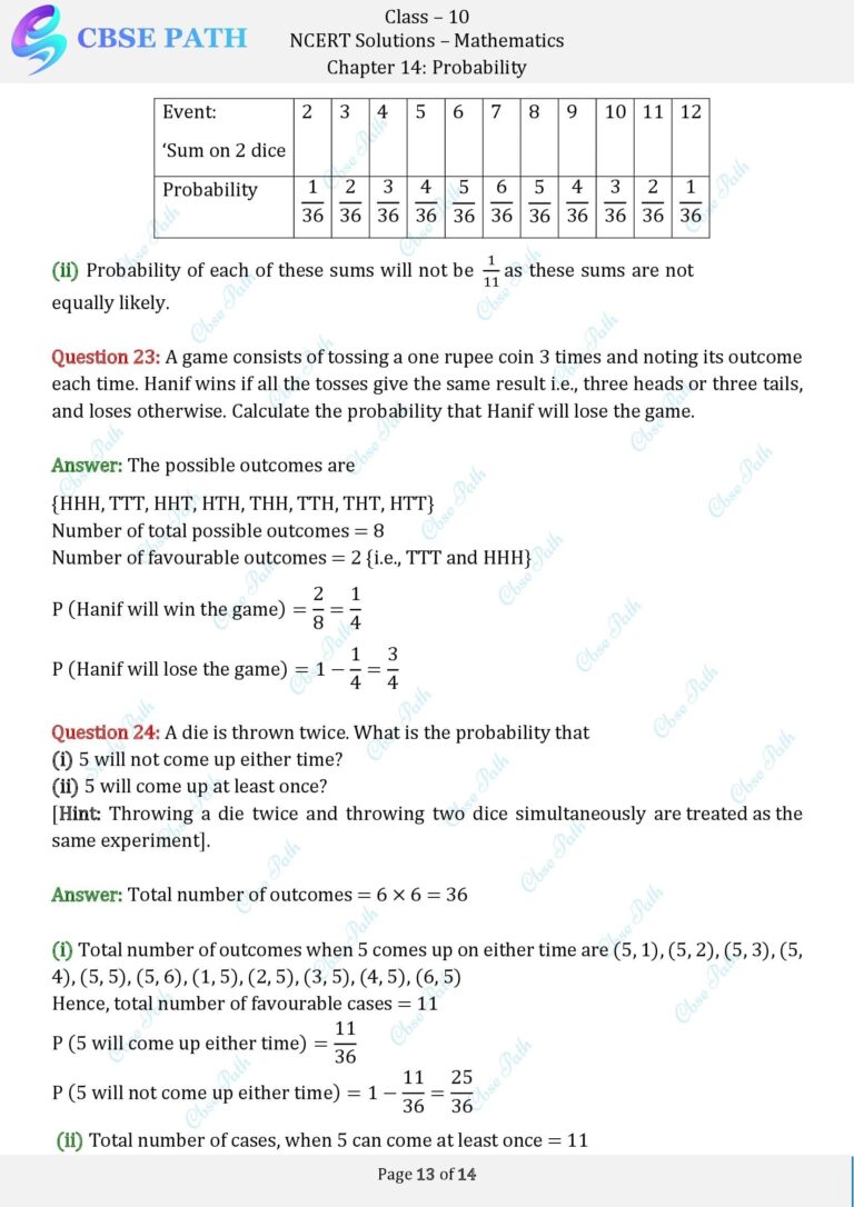NCERT Solutions for Class 10 Maths Chapter 14 Probability (2024-25 ...
