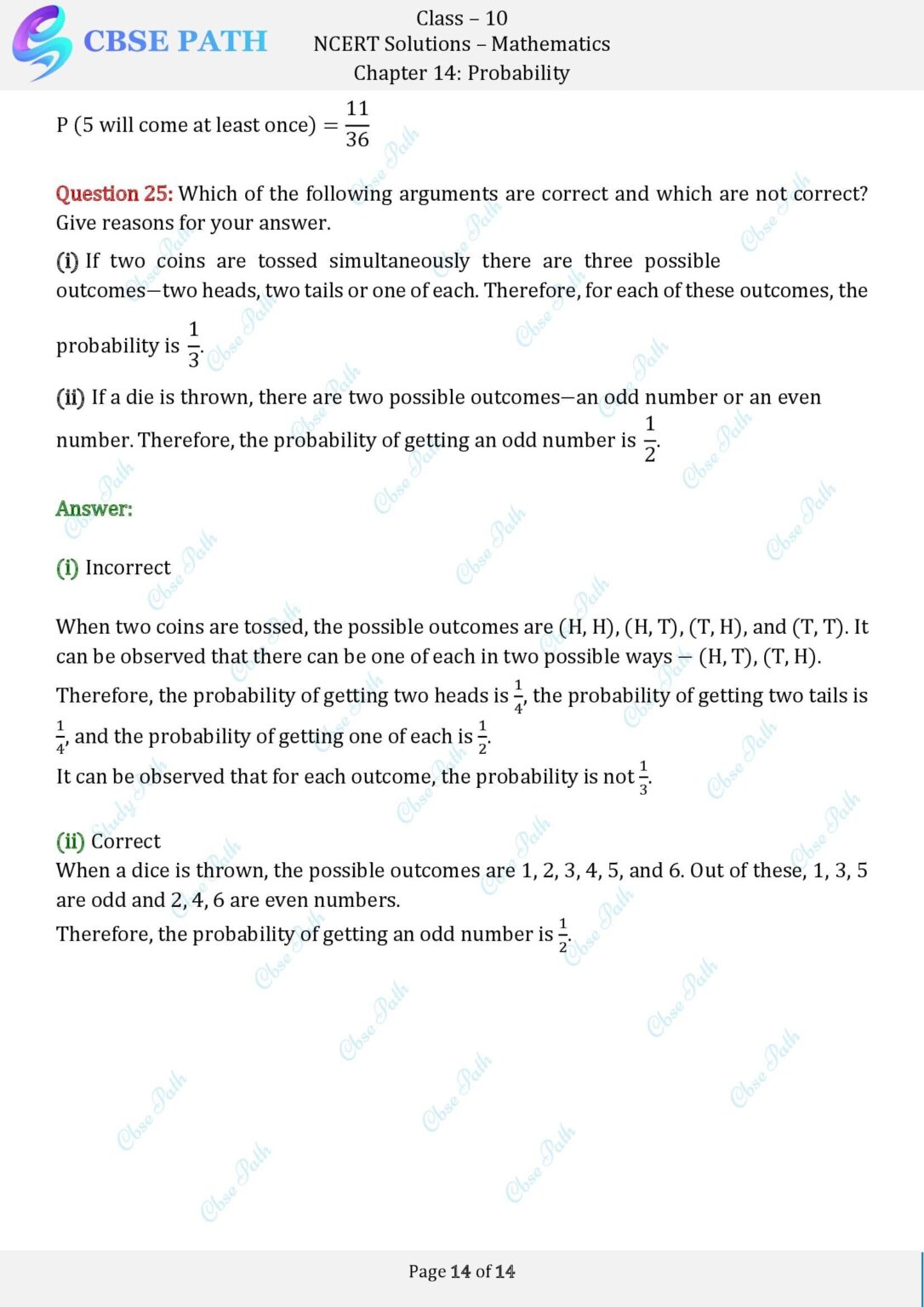 NCERT Solutions for Class 10 Maths Chapter 14 Probability (2024-25 ...