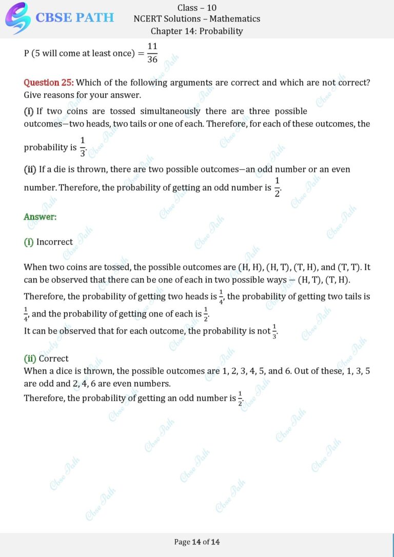 NCERT Solutions for Class 10 Maths Chapter 14 Probability (2024-25 ...