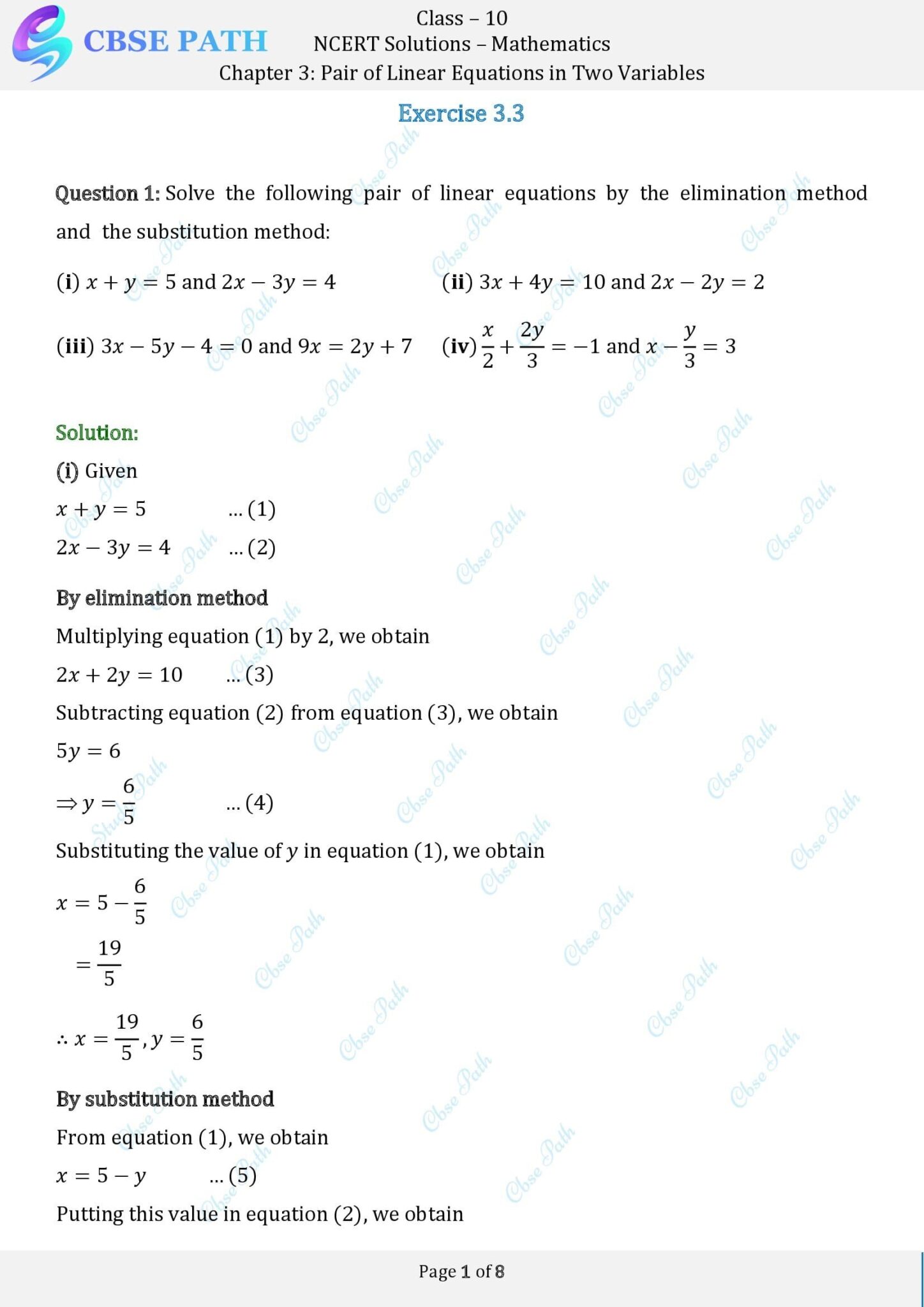 NCERT Solutions for Class 10 Maths Exercise 3.3 Pair of Linear Equations in Two Variables - CBSE ...