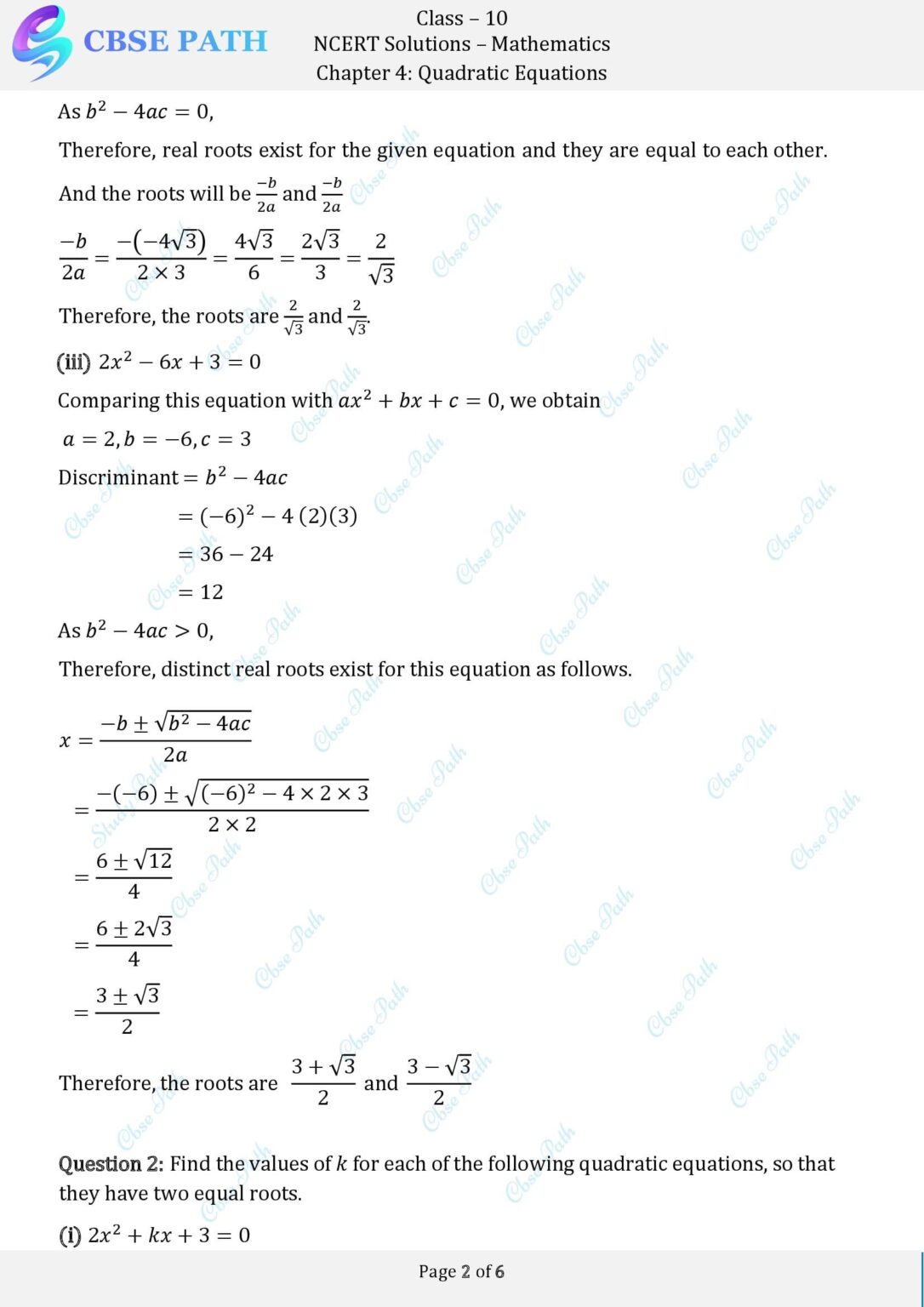 NCERT Solutions for Class 10 Maths Exercise 4.3 Quadratic Equations ...