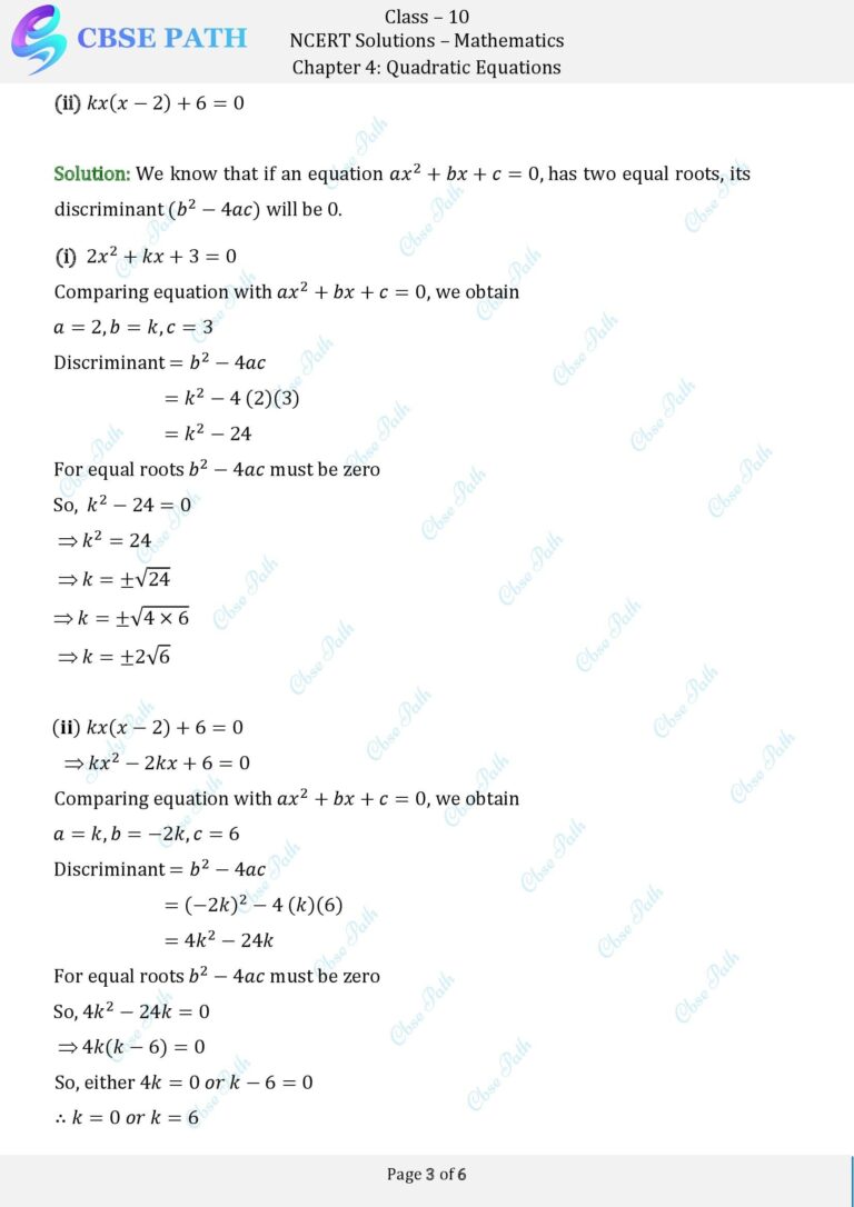 NCERT Solutions for Class 10 Maths Exercise 4.3 Quadratic Equations ...