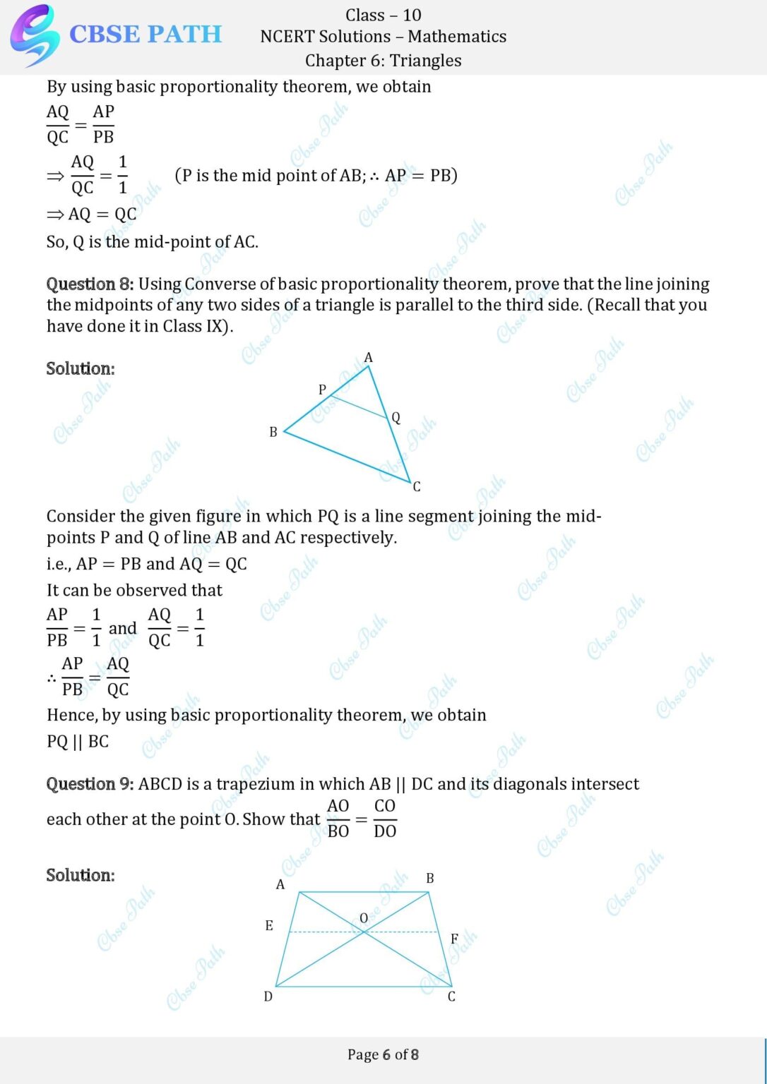 NCERT Solutions for Class 10 Maths Exercise 6.2 Triangles (2024-25 ...