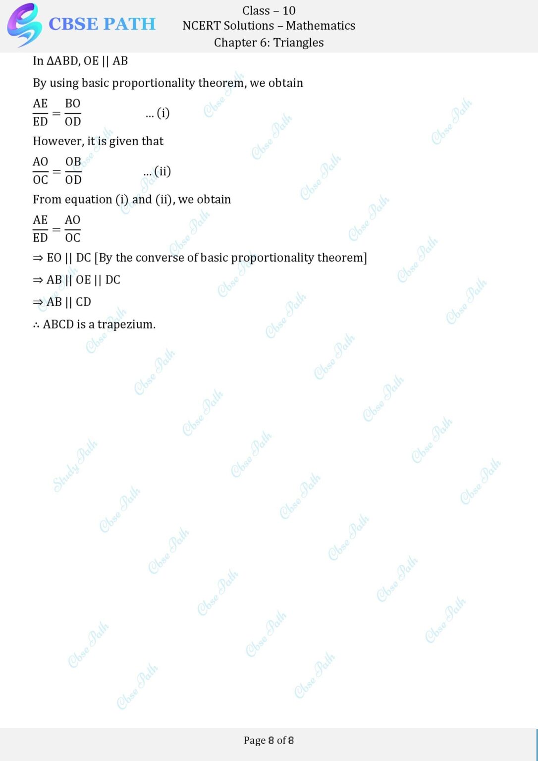 NCERT Solutions for Class 10 Maths Exercise 6.2 Triangles (2024-25 ...