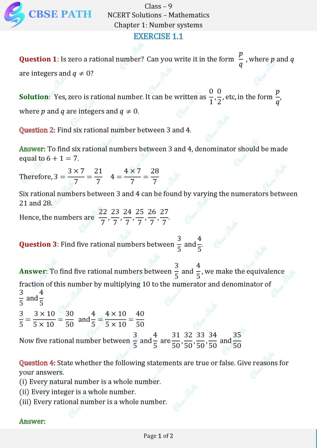 NCERT Solutions for Class 9 Maths Exercise 1.1 Number Systems (2024-25) - CBSE Path