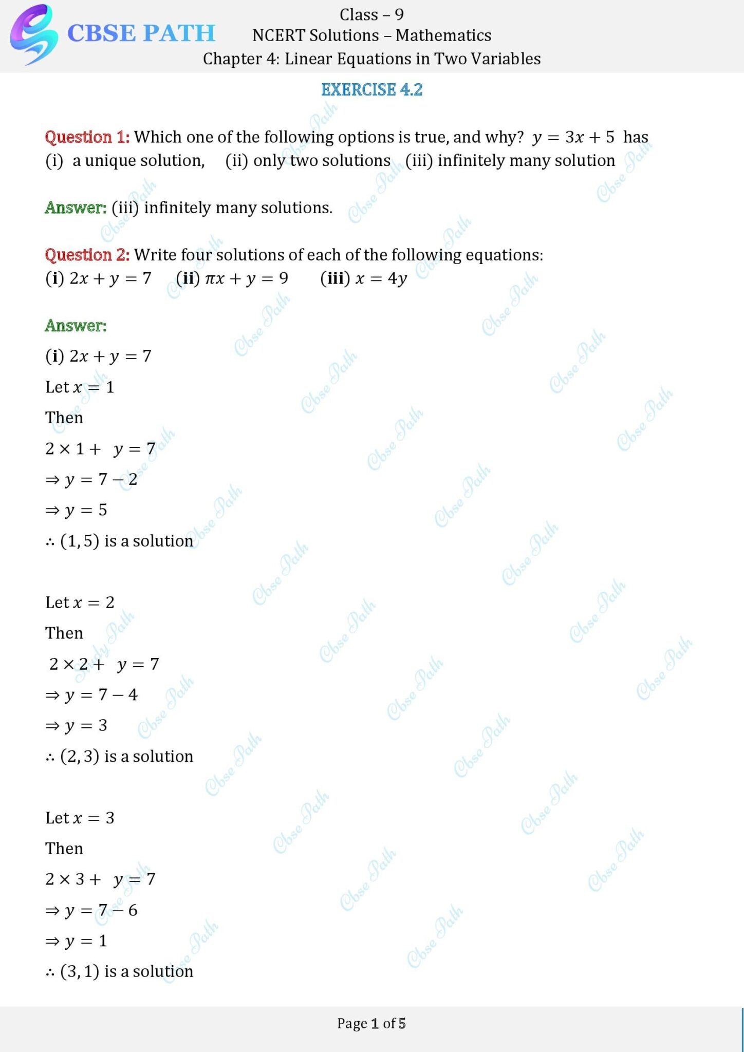 NCERT Solutions for Class 9 Maths Exercise 4.2 Linear Equations in Two Variables Solutions ...