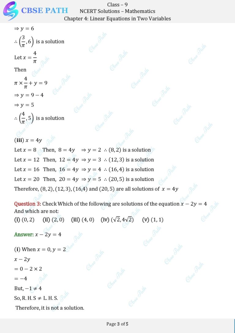 NCERT Solutions for Class 9 Maths Exercise 4.2 Linear Equations in Two ...