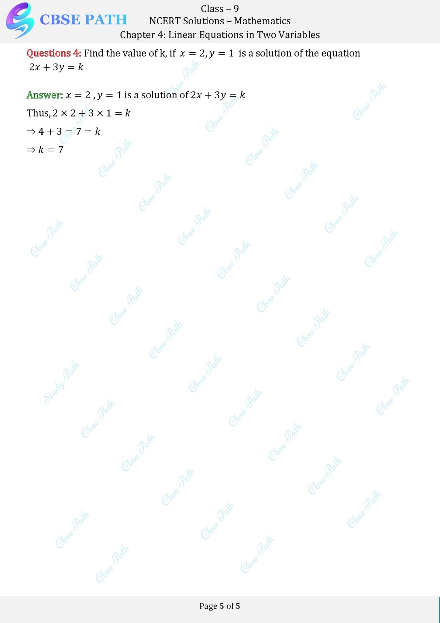 NCERT Solutions for Class 9 Maths Exercise 4.2 Linear Equations in Two ...