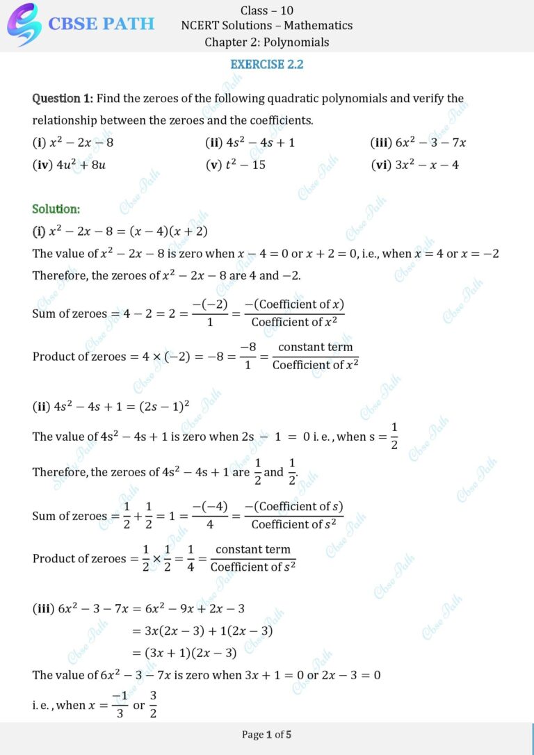 NCERT Solutions for Class 10 Maths Exercise 2.2 Polynomials (2024-25 ...