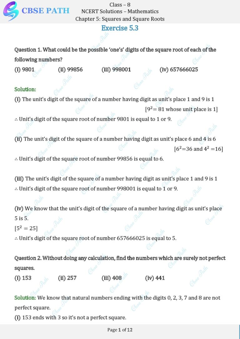 NCERT Solutions for Class 8 Maths Exercise 5.3 Squares and Square Roots ...