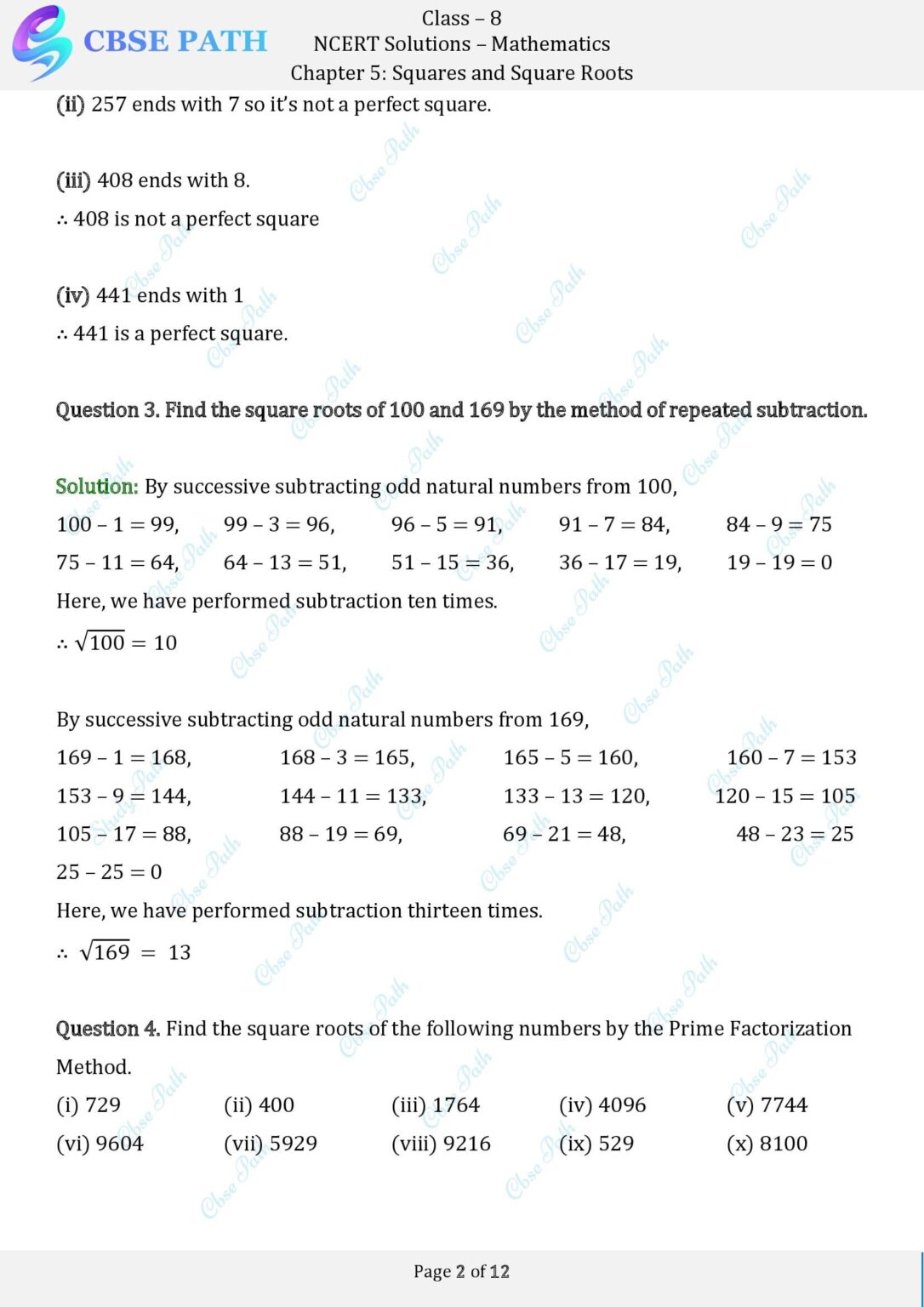 NCERT Solutions for Class 8 Maths Exercise 5.3 Squares and Square Roots - CBSE Path