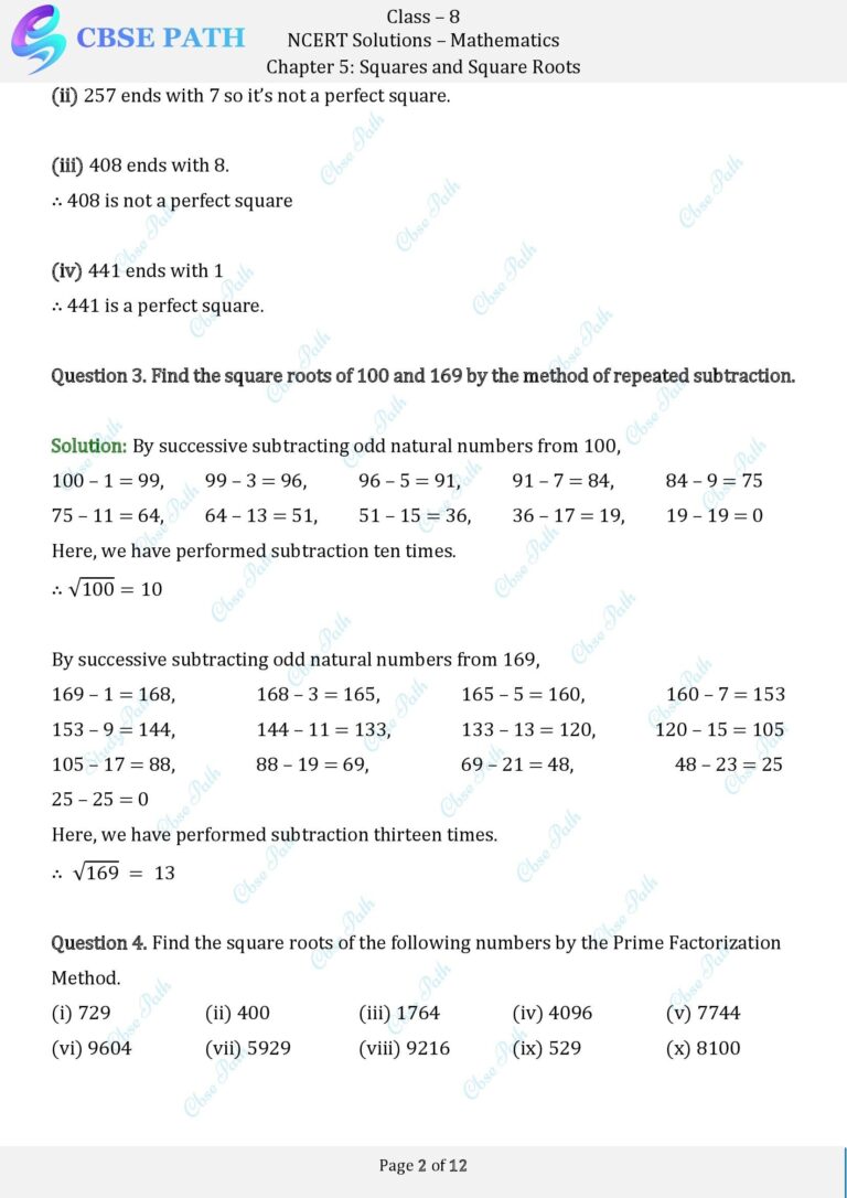 NCERT Solutions for Class 8 Maths Exercise 5.3 Squares and Square Roots ...