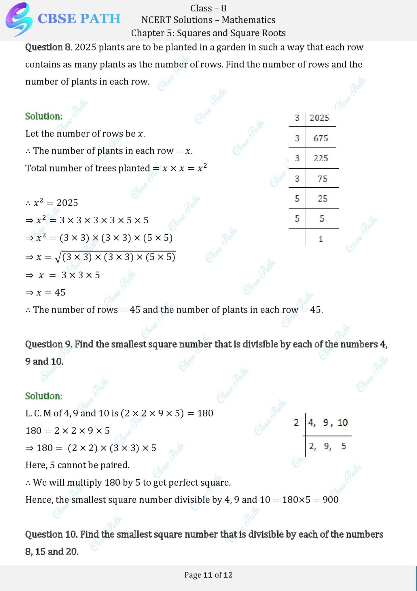 NCERT Solutions for Class 8 Maths Exercise 5.3 Squares and Square Roots - CBSE Path