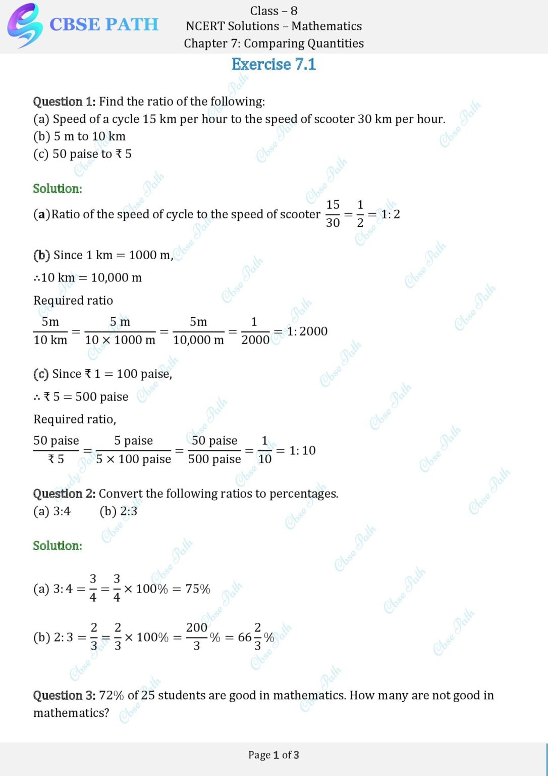 NCERT Solutions for Class 8 Maths Exercise 7.1 Comparing Quantities ...