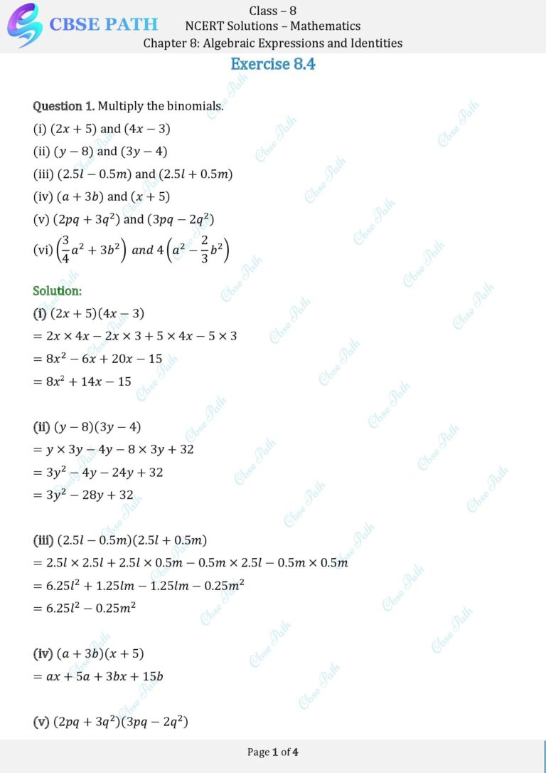 NCERT Solutions for Class 8 Maths Exercise 8.4 Algebraic Expressions ...