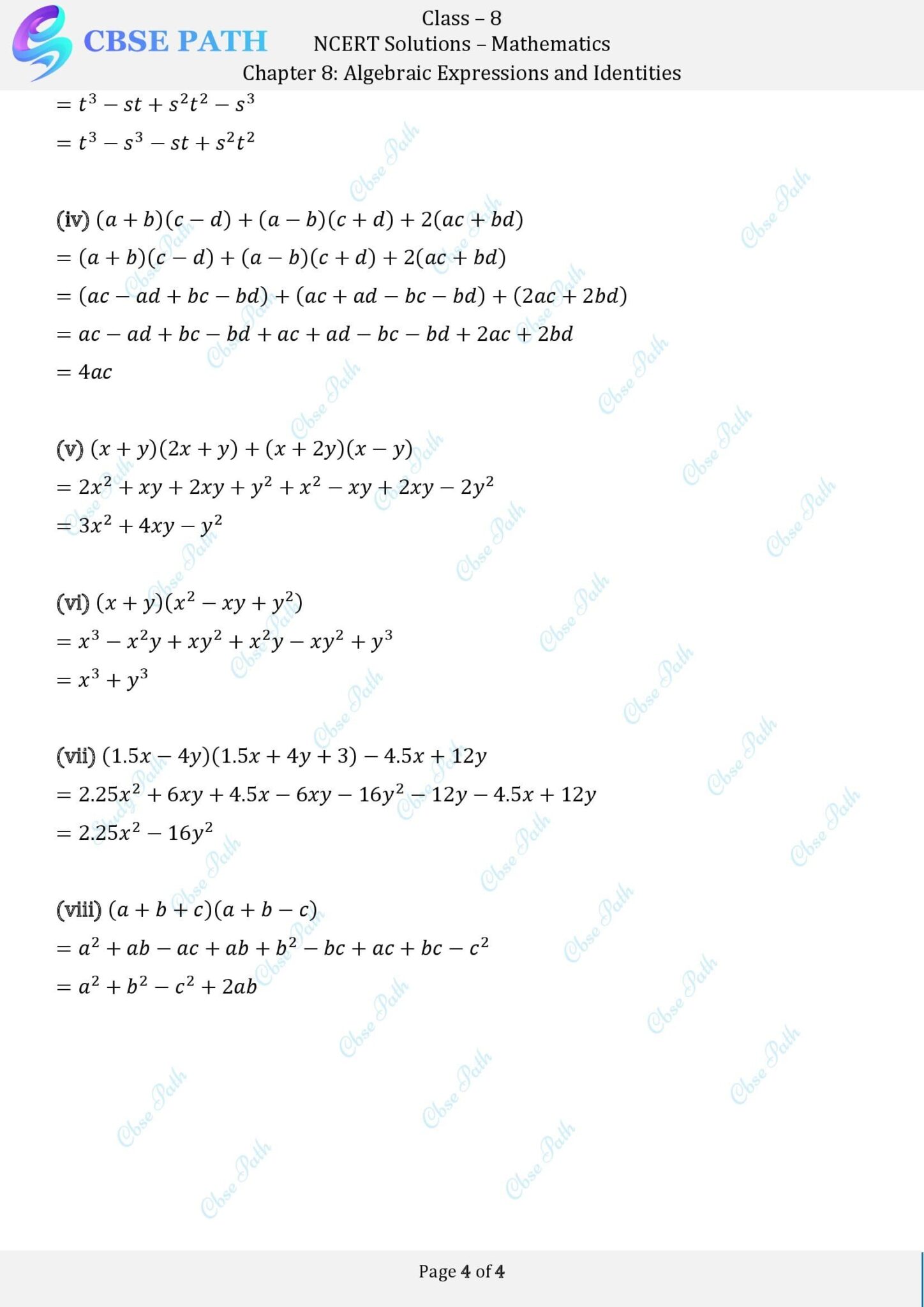 NCERT Solutions for Class 8 Maths Exercise 8.4 Algebraic Expressions ...