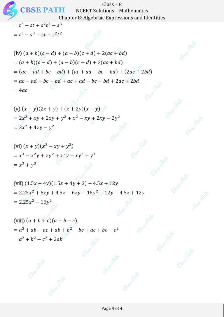 NCERT Solutions for Class 8 Maths Exercise 8.4 Algebraic Expressions ...