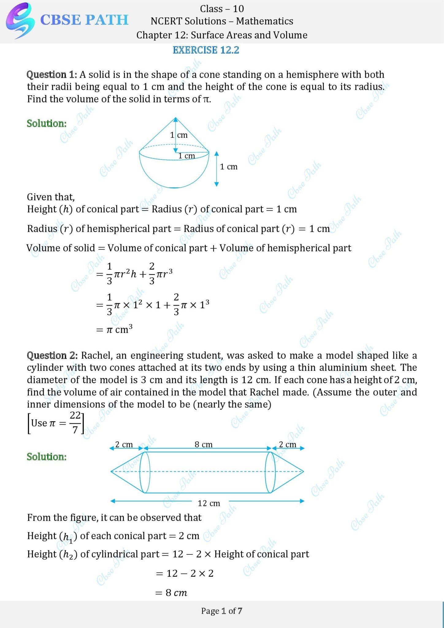 NCERT Solutions for Class 10 Maths Exercise 12.2 Surface Areas and ...